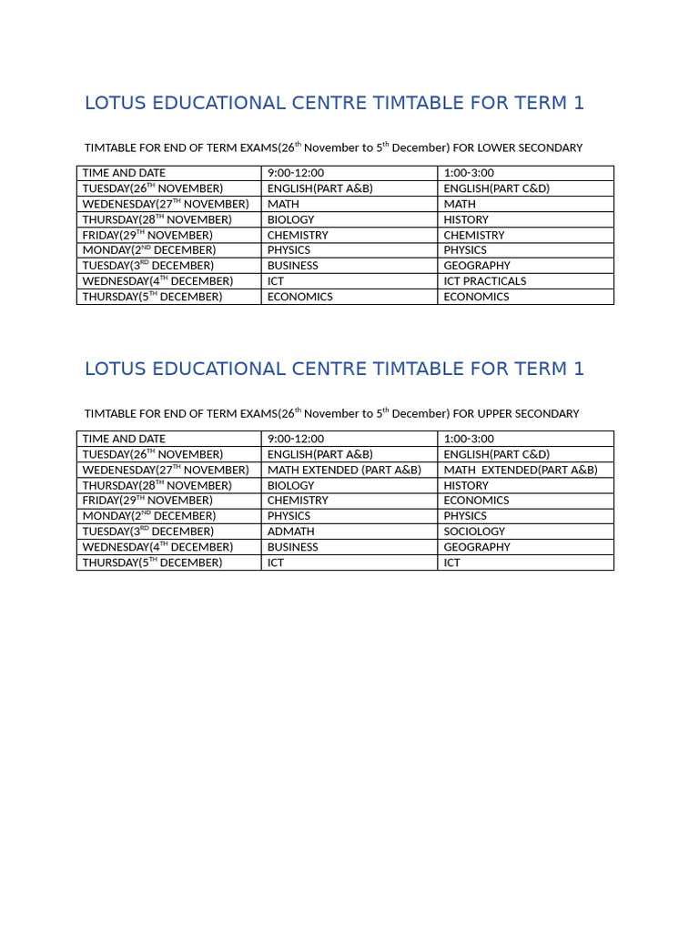 Lotus Educational Centre Timtable For Term 1 | PDF