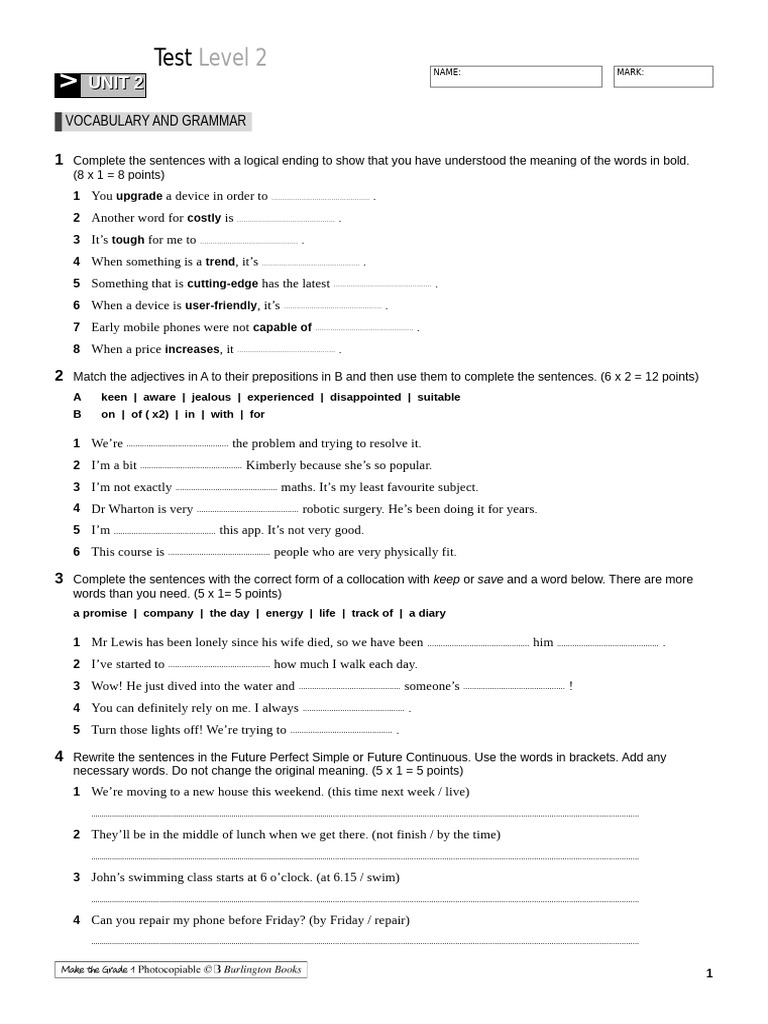 Level 2 Vocabulary and Grammar Test | PDF | Language Mechanics ...