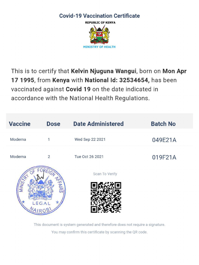 Kelvin Njuguna Vaccination Certificate | PDF