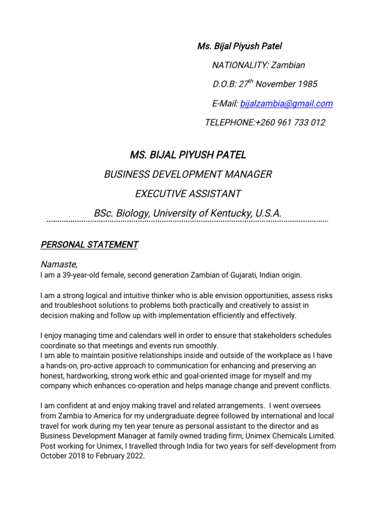 Ms Bijal Patel CV Jan 2025 | PDF | Business Development | Zambia