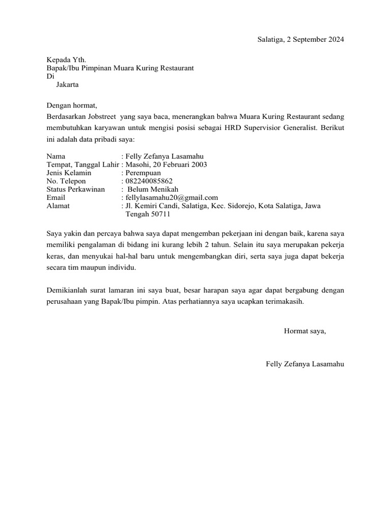 Cover Letter Muara Kuring Restaurant | PDF