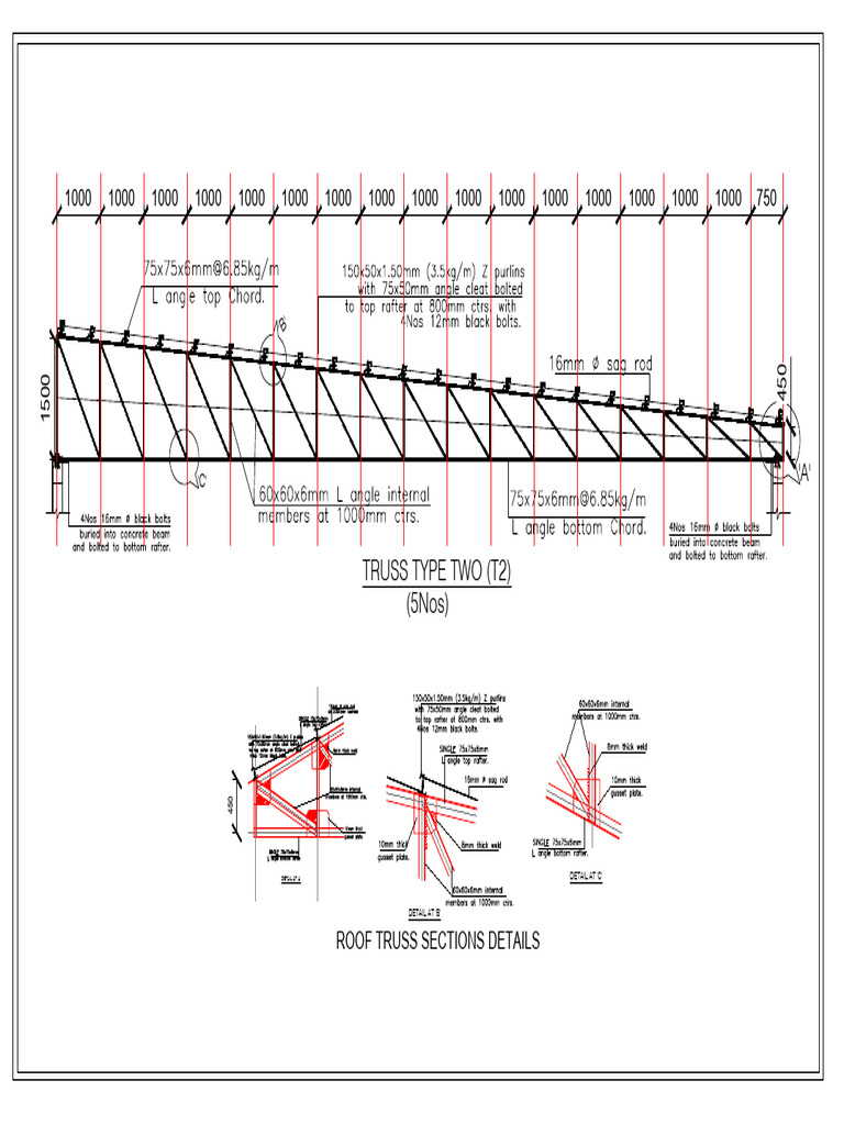 Truss Type Two (T2) (5nos) : Roof Truss Sections Details | PDF
