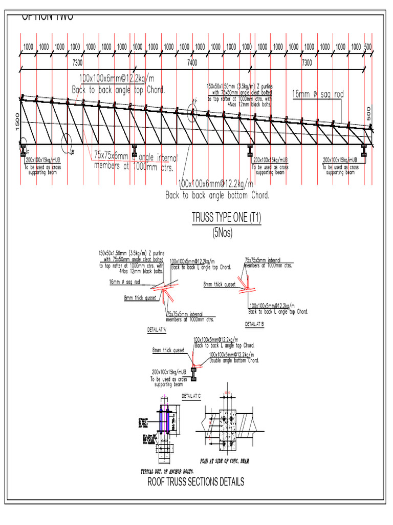 Truss Type One (T1) (5nos) : Roof Truss Sections Details | PDF