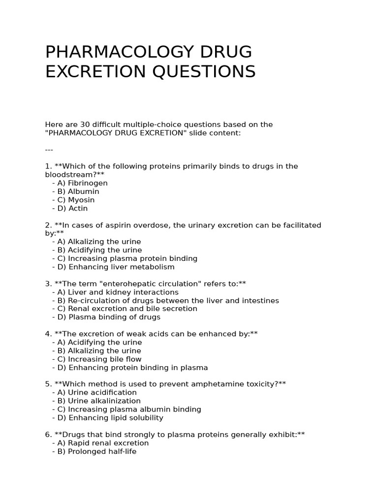 Pharmacology Drug Excretion Questions | PDF | Kidney