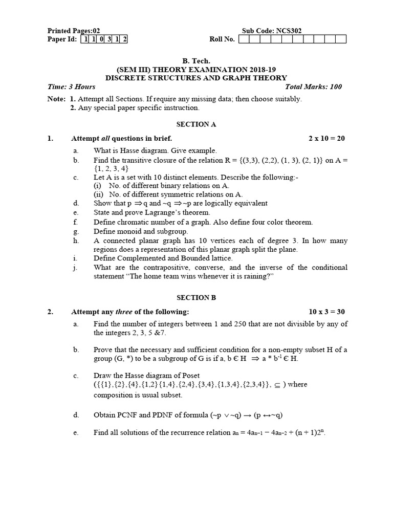 Btech Cs 3 Sem Discrete Structures and Graph Theory ncs302 2019 | PDF | Mathematics ...
