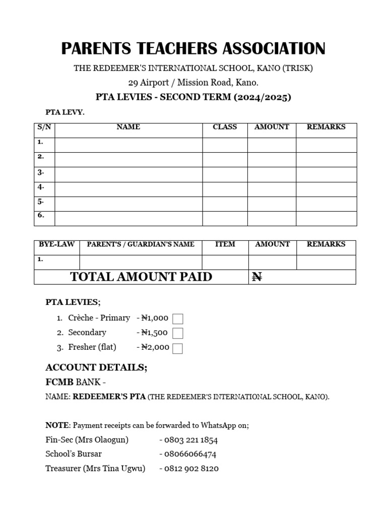 Pta Levies - Second Term 2024, 2025 | PDF