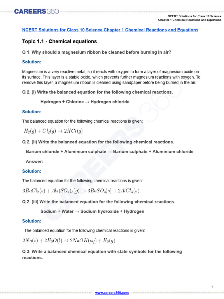 NCERT Solutions For Class 10 Science Chapter 1 Chemical Reactions and Equations | PDF | Chemical ...