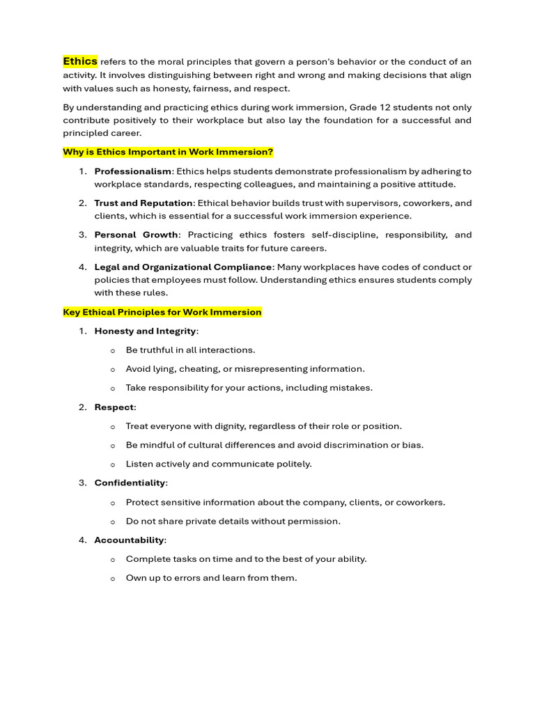 Ethics For Work Immersion | PDF | Integrity | Disciplines