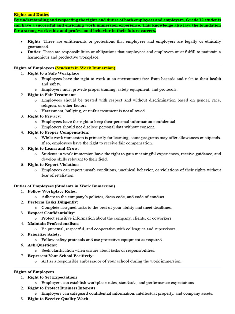 Rights and Duties in Work Immersion | PDF | Employment | Occupational ...