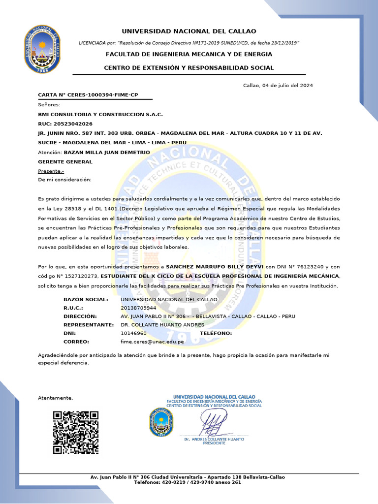 Carta de Presentacion - Sanchez Marrufo Billy Deyvi (Im) | PDF