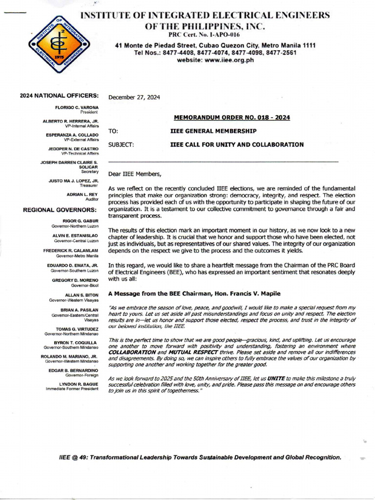 Memorandum Order No. 018-2024 Iiee Call For Unity and Collaboration | PDF