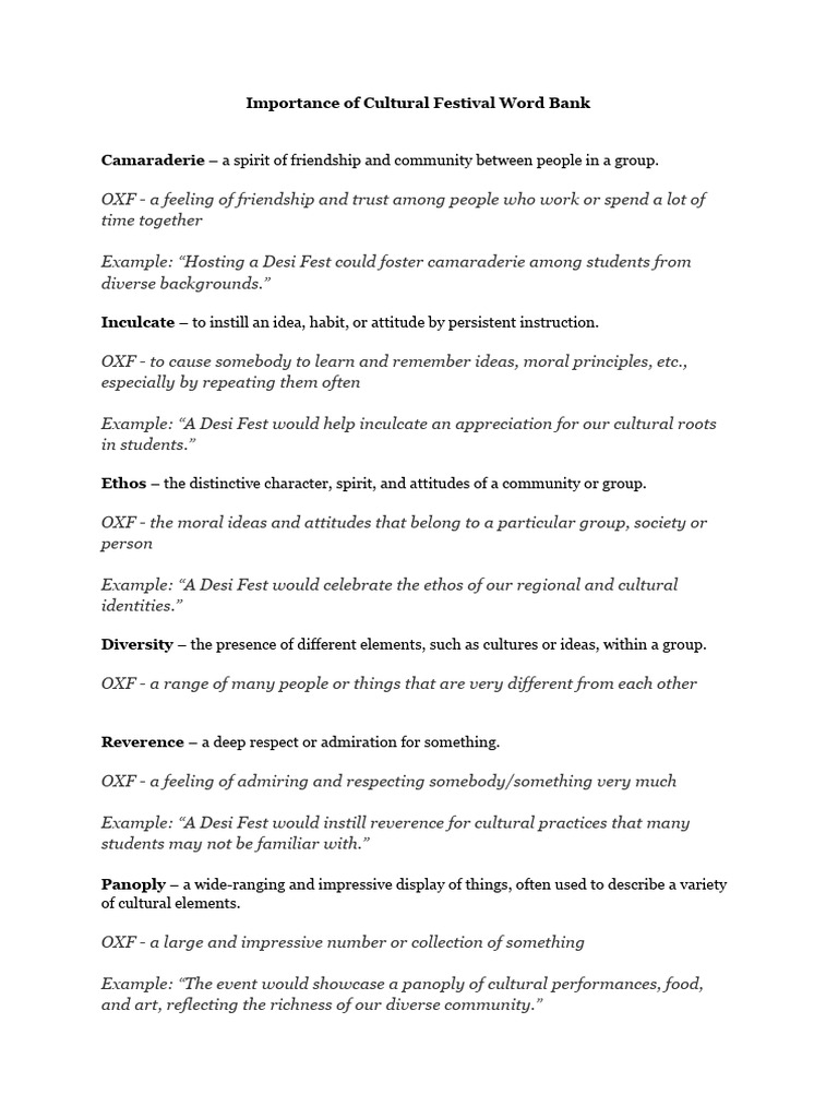Importance of Cultural Festival Word Bank | PDF