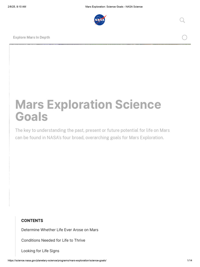 Mars Exploration - Science Goals - NASA Science | PDF | Mars | Exploration Of Mars