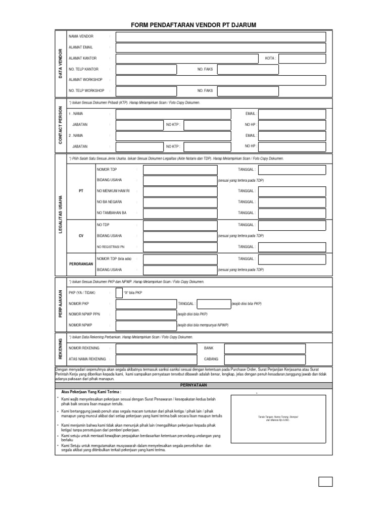 Form Kosong Pendaftaran Vendor - PT Djarum | PDF
