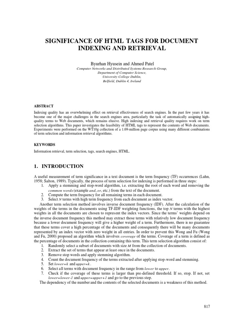 Significance of HTML Tags For Document Indexing and Retrieval | PDF ...