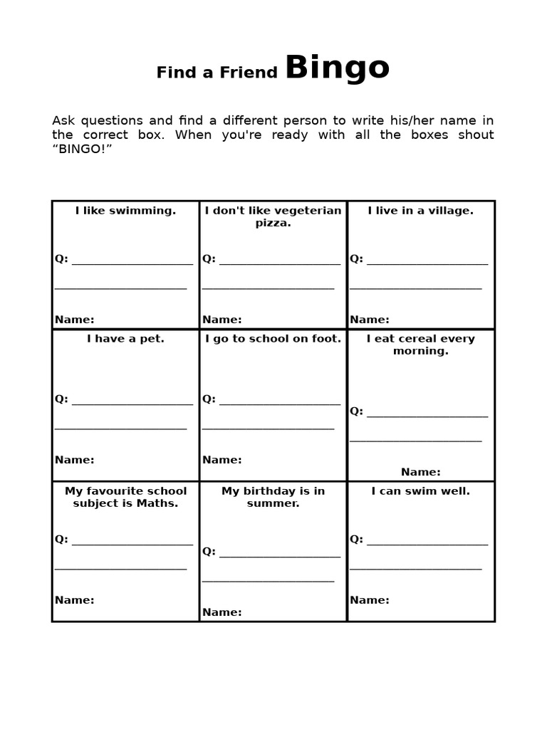 Find a Friend Bingo Activity | PDF