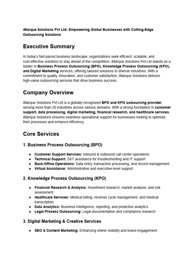 IMarque Solutions Pvt Ltd | PDF | Outsourcing | Business Process ...