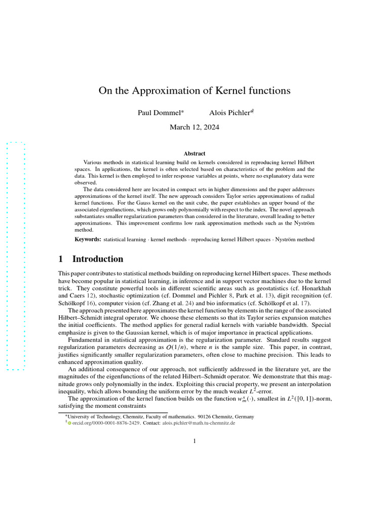 Dommel and Pichler - 2024 - On The Approximation of Kernel Functions | PDF | Hilbert Space ...