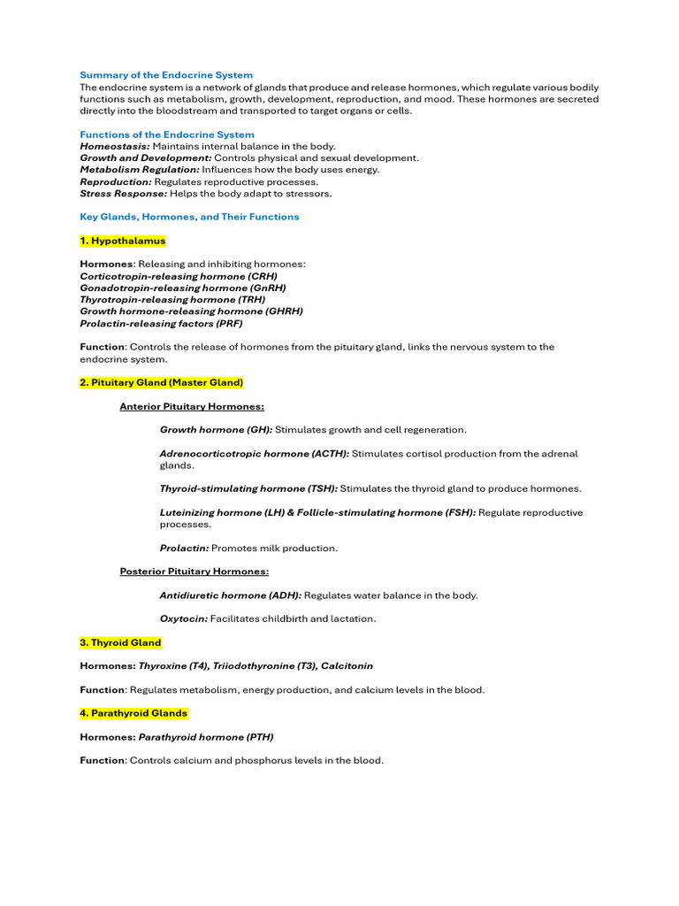 Summary Endocrine System | PDF | Endocrine System | Hormone
