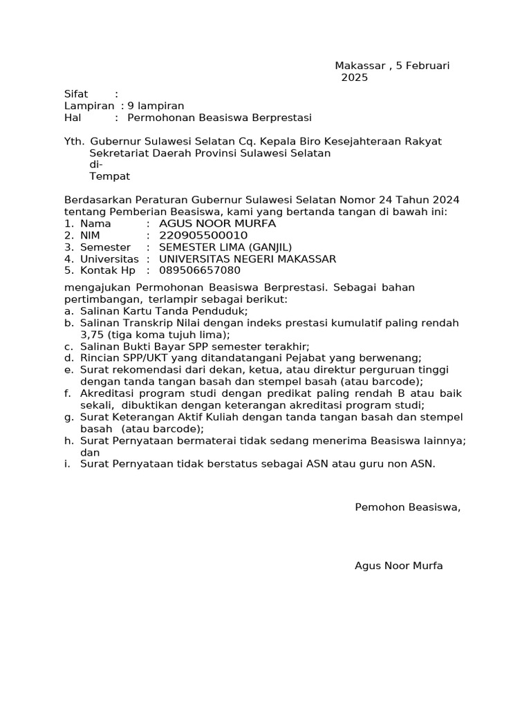 Format Baku Beasiswa Mahasiwa Berprestasi | PDF