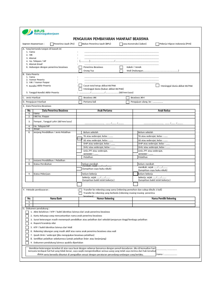Form_Beasiswa_BPJS_Ketenagakerjaan | PDF