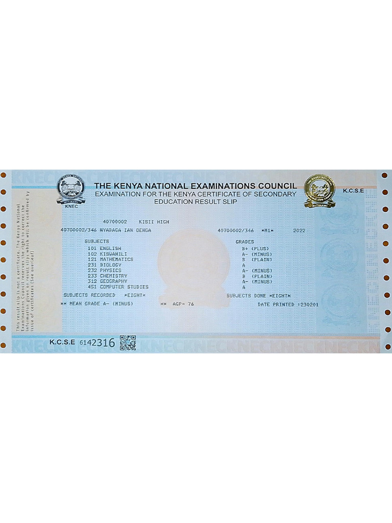 KCSE OFFICIAL TRANSCRIPT | PDF