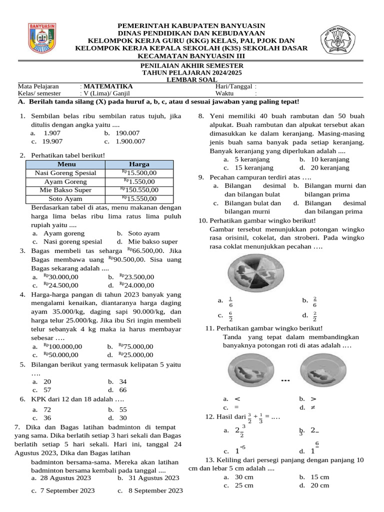 Soal Asas Ganjil Matematika Kelas 5 (Kolom) | PDF