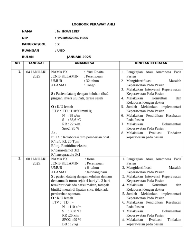 LOGBOOK PERAWAT AHLI Pasien RANAP | PDF