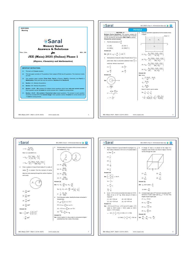 JEE Main 2025 Question Papers With Solutions 22-01-2025 - Shift - 1 PDF Download (1) Merged ...