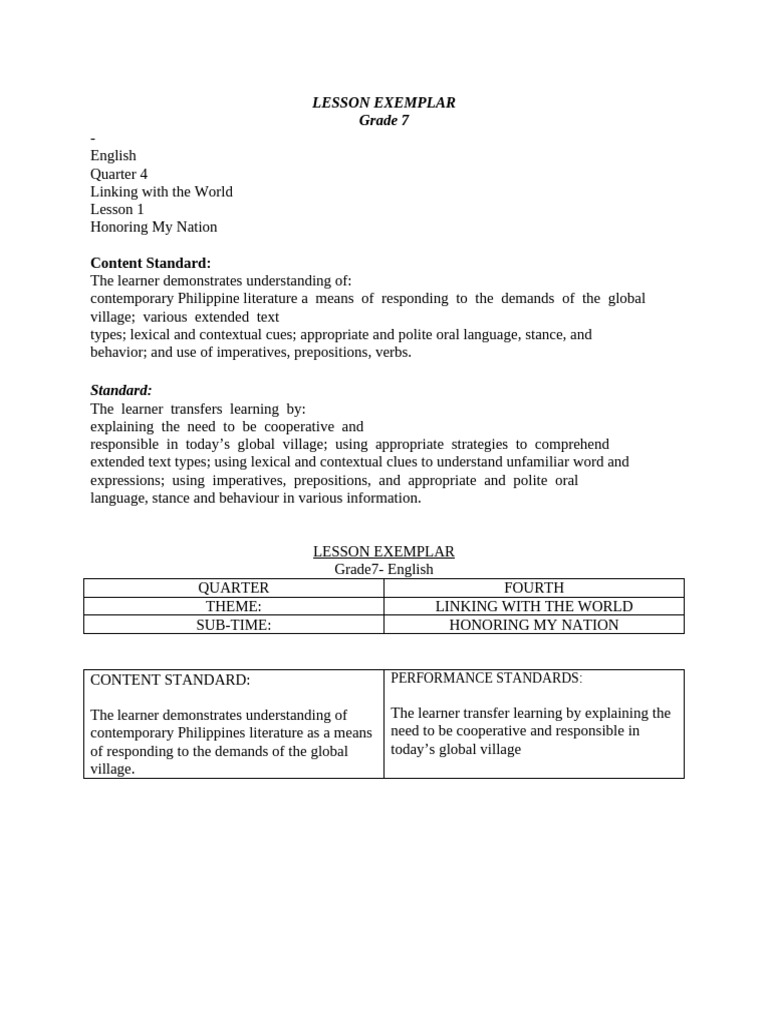 LESSON EXEMPLAR | PDF | Learning | English Language