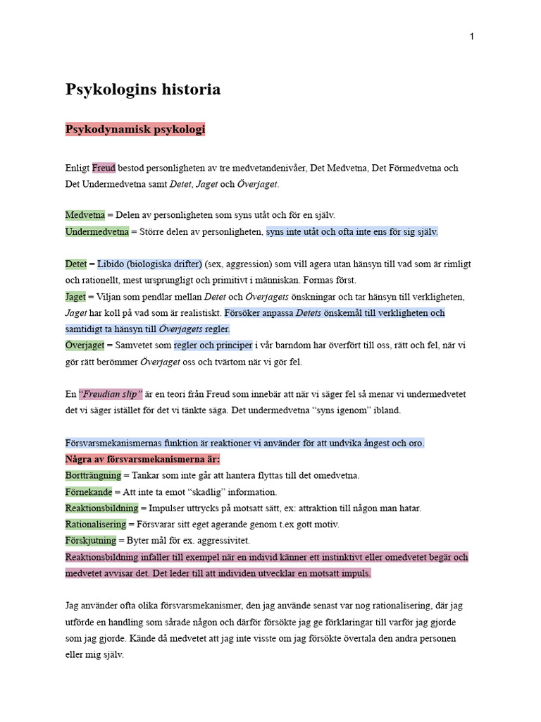 Psykologi 1 - Psykologins Historia - Olika Psykologiska Perspektiv | PDF