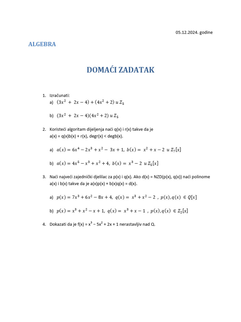 Domaći Zadatak: Algebra | PDF