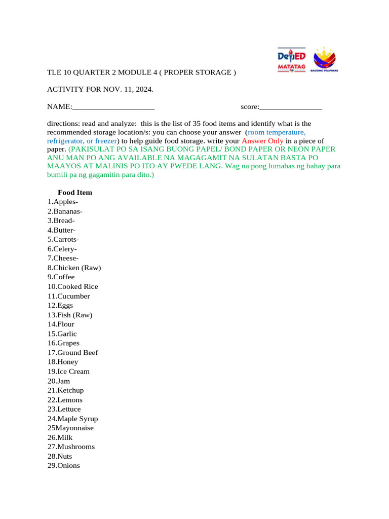 Proper Food Storage Guidelines Activity | PDF