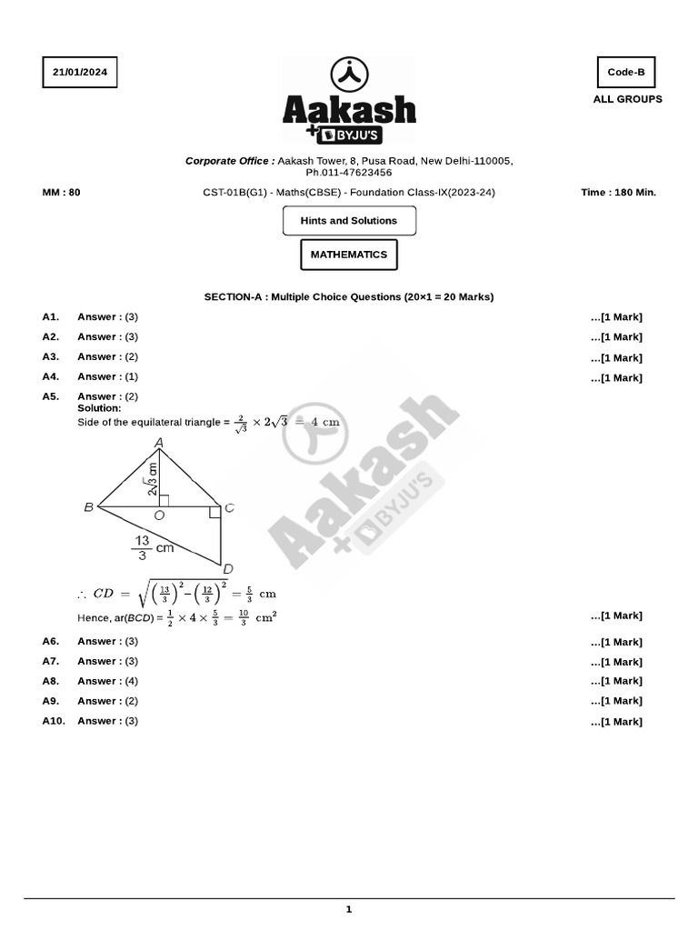 CBSE CST-1B - All Groups (C-09) - Maths (21-01-2024) - SOL | PDF