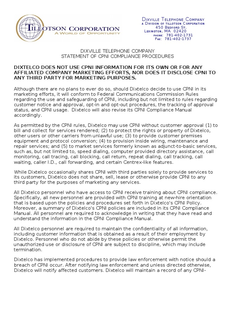 Dixtelco 809726 CPNI Statement For 2-22-12 Online Certification | PDF ...