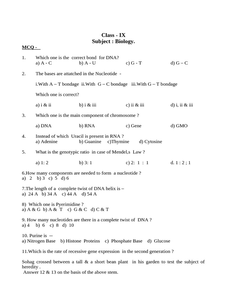 Class IX Biology MCQ Practice Test | PDF | Dna | Molecular Biophysics