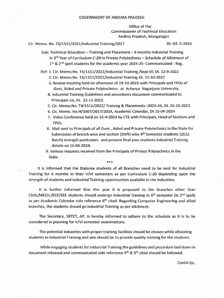 Cir - Memo Students Industrial Training Schedule PVT 2024 25 | PDF