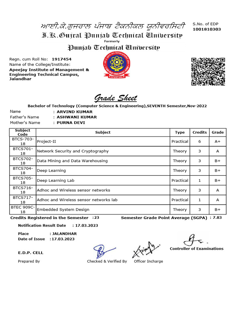 B.Tech Computer Science Grade Sheet | PDF