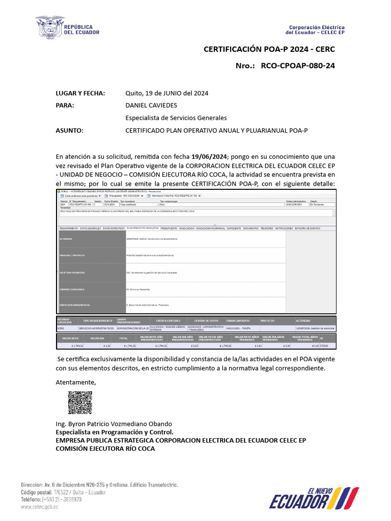 Certificación Poap 080 Rco-Reqprs-24-160 | PDF