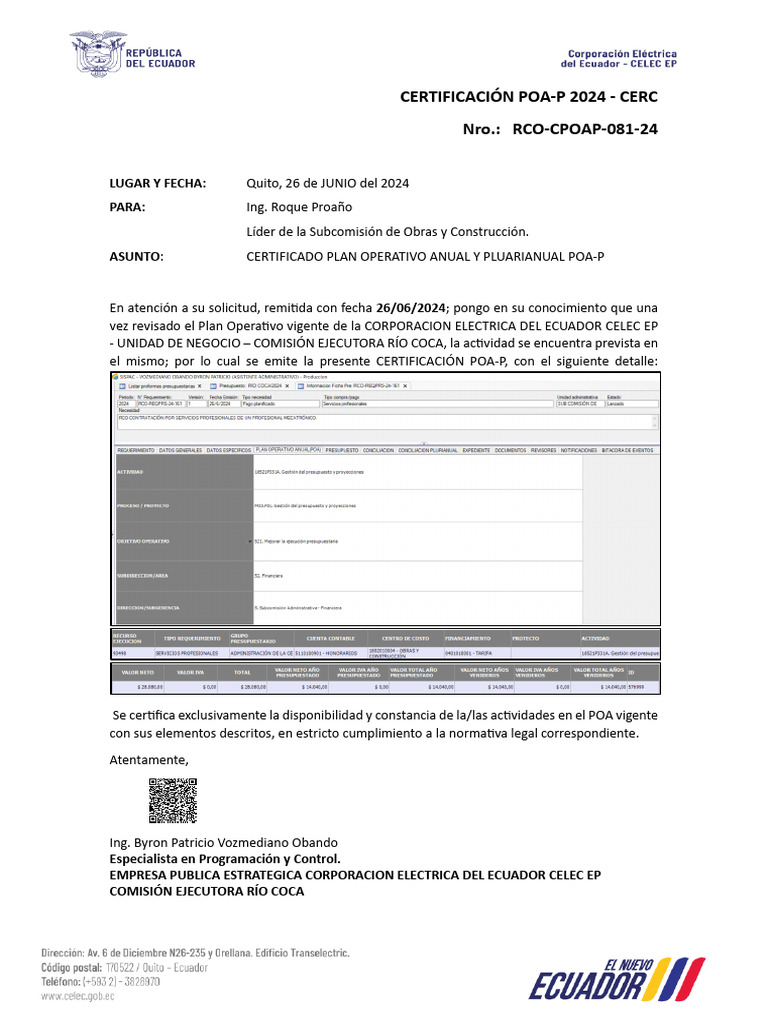 CERTIFICACIÓN POAP 081 RCO-REQPRS-24-161 | PDF