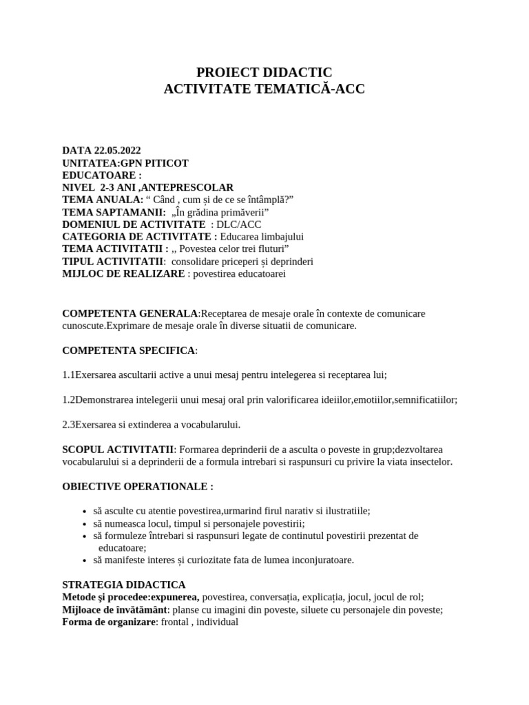 Proiect Didactic Povestirea Educatoarei | PDF