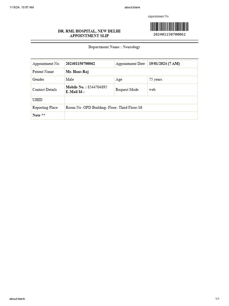 Dr Ram Manohar Lohia Hospital Appointment Slip - Mr. Hans Raj | PDF