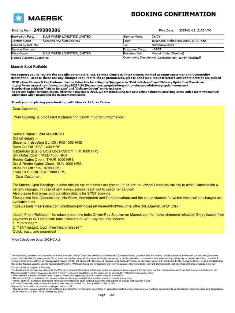 Booking Confirmation: Maersk Spot Rollable | PDF | Cargo | Freight ...