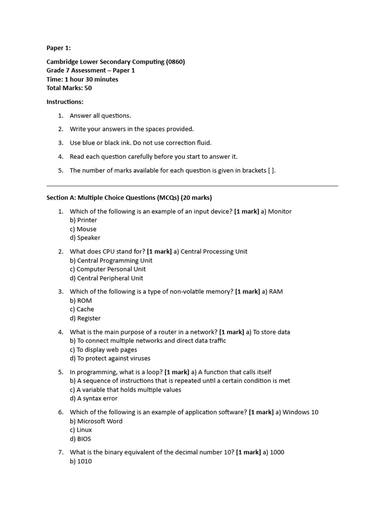 Grade 7 Computing Assessment Paper 1 | PDF | Central Processing Unit ...