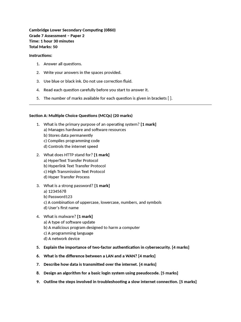 Cambridge Lower Secondary Computing - Grade 7 Question Paper | PDF