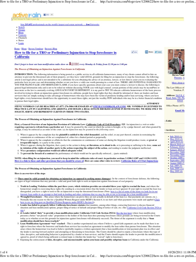 How To File For A TRO or Preliminary Injunction To Stop Foreclosure in California | PDF ...
