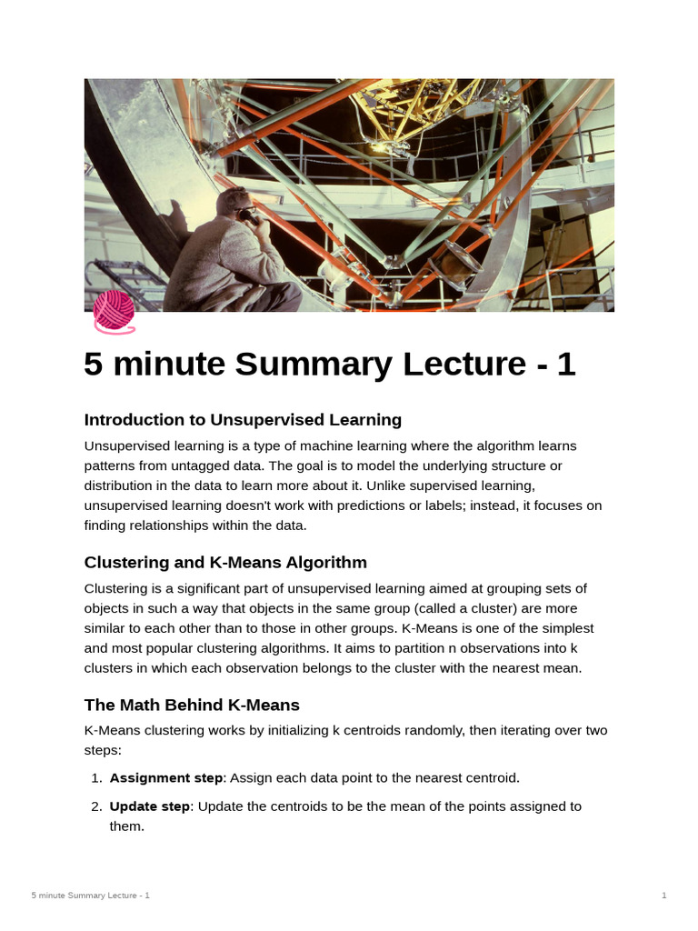 5 Minute Summary Lecture - 1 | PDF | Cluster Analysis | Statistical Classification