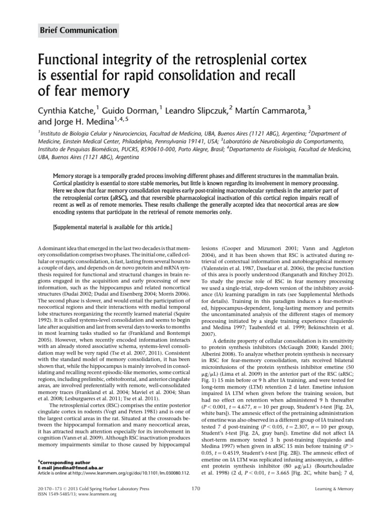 Functional Integrity of The Retrosplenial Cortex Is Essential For Rapid ...