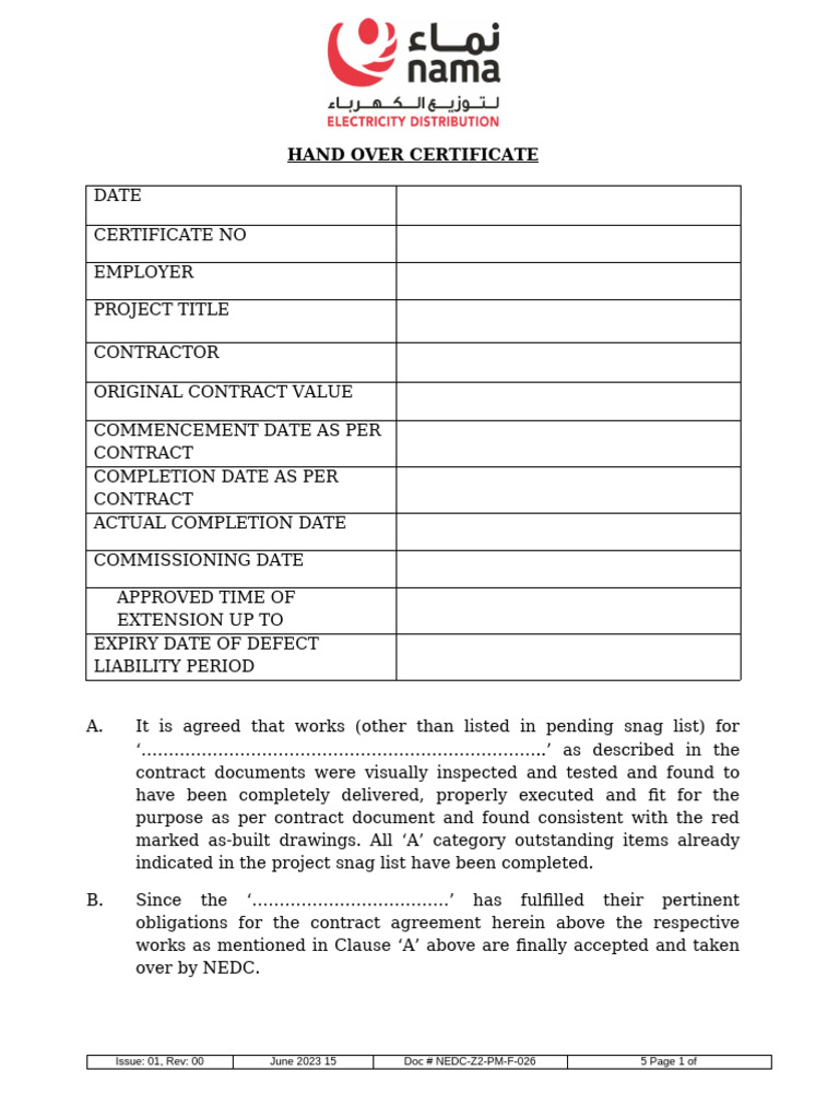 NEDC-Z2-PM-F-026 - Hand Over Certificate | PDF