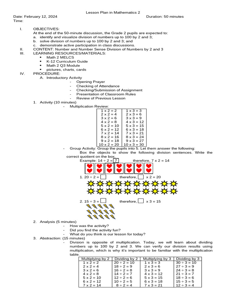 Math 2 (Number and Number Sense Division of Numbers by 2 and 3) Lesson ...